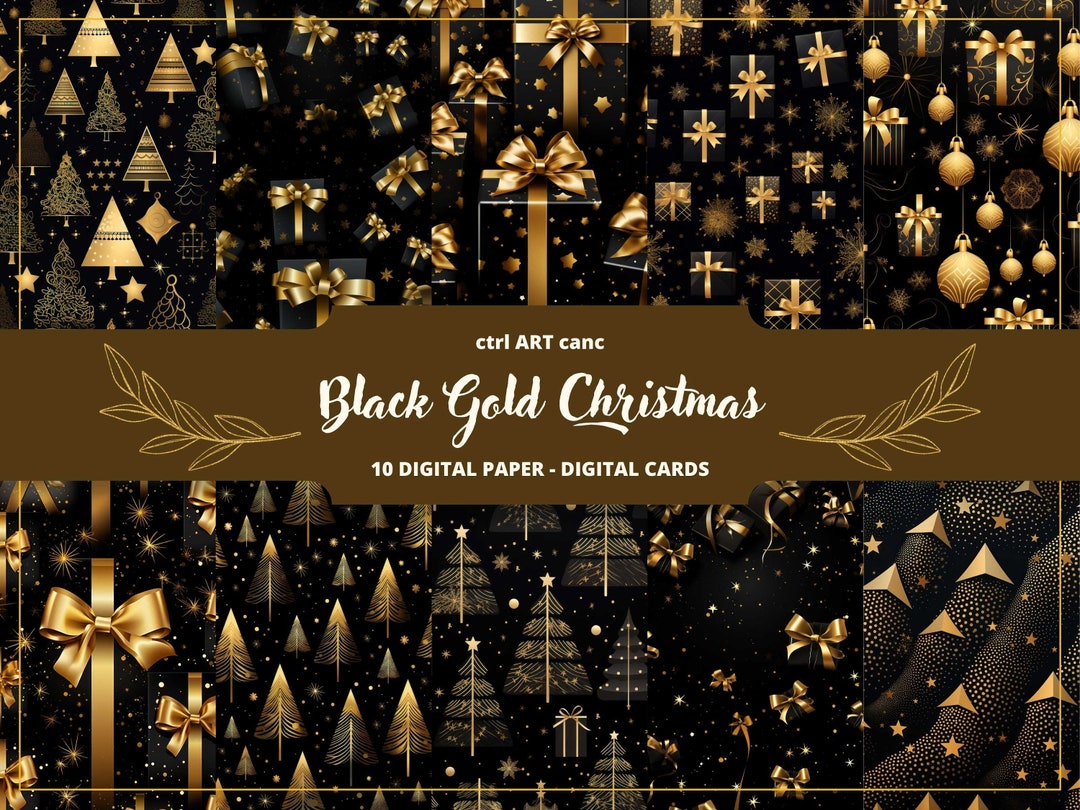 Christmas Digital Paper for Christmas Wrapping Gold Paper Black Digital ...
