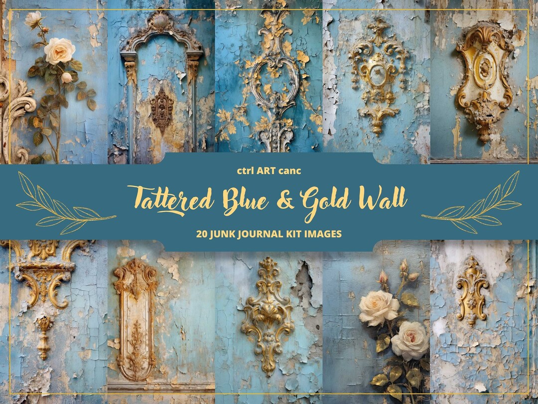20 Tattered Blue & Gold Wall Printable, Blue Printable, Journal Kit ...