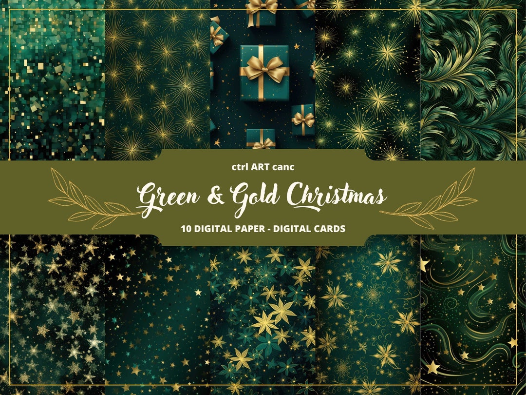 Green & Gold Christmas Digital Paper, Christmas Wrapping Paper, Junk ...