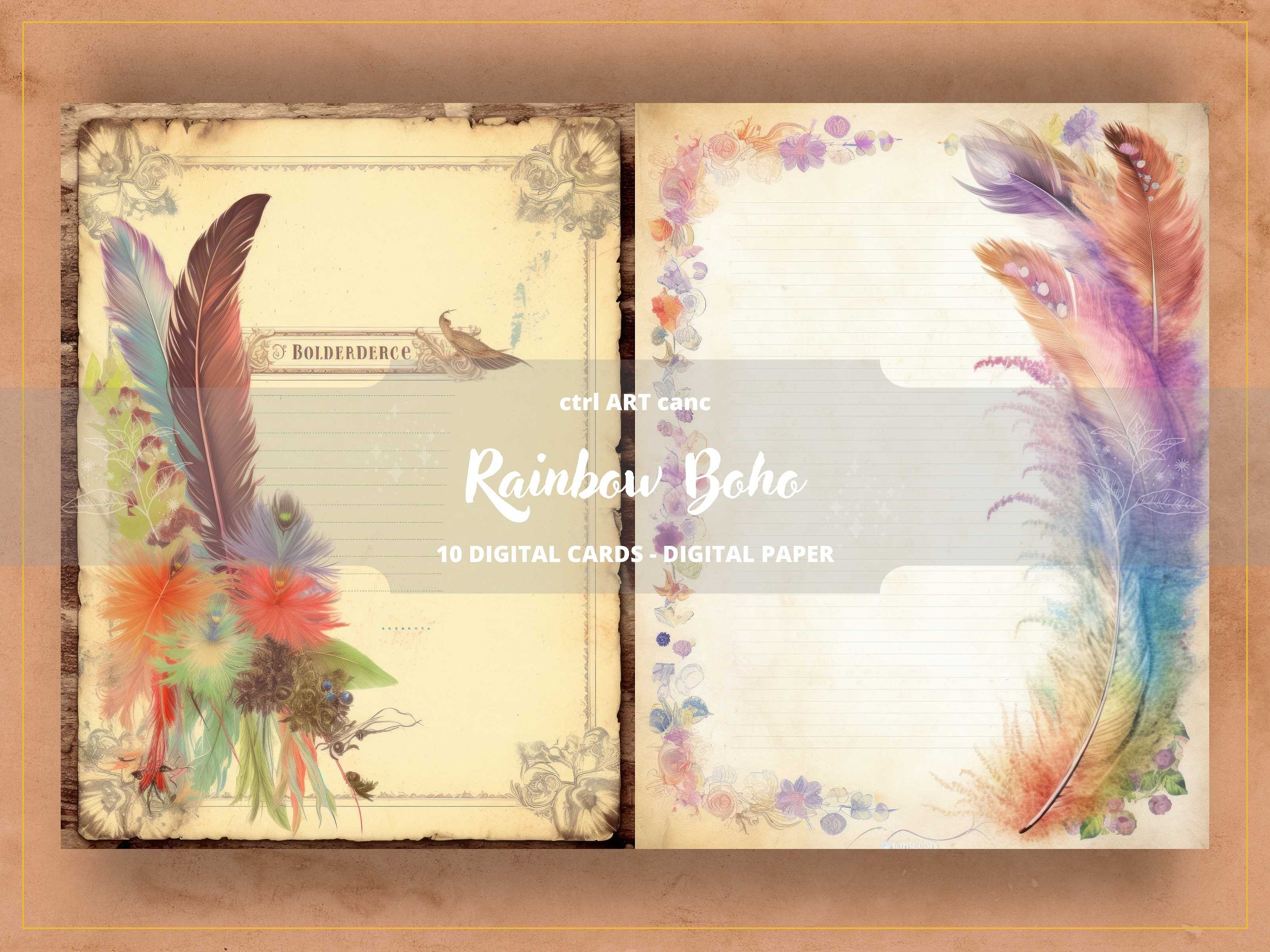 Rainbow Boho Printable Boho Digital Paper Feather Digital - Etsy