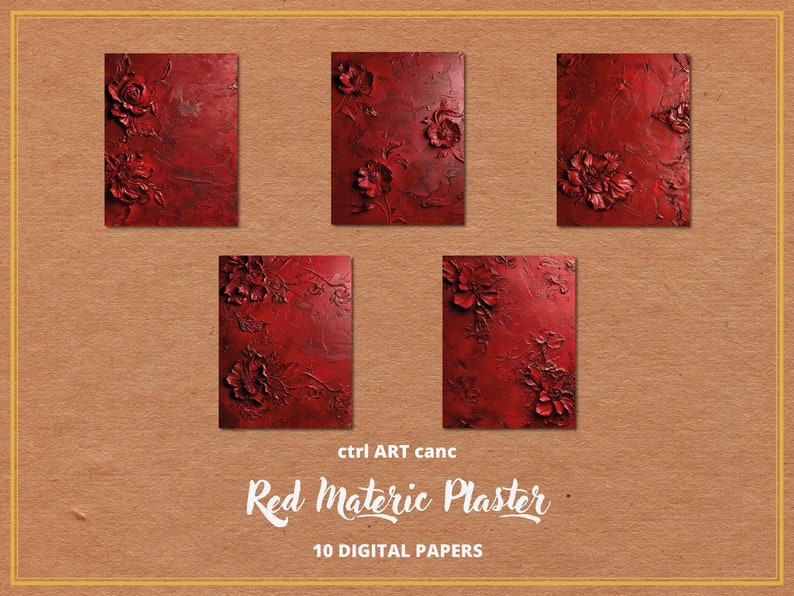 Red Floral Plaster Digital Paper: Grunge Texture, Junk Journal (digital ...
