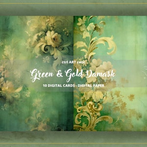 Tattered Green and Gold Damask Printable, Green & Gold Paper, Journal ...
