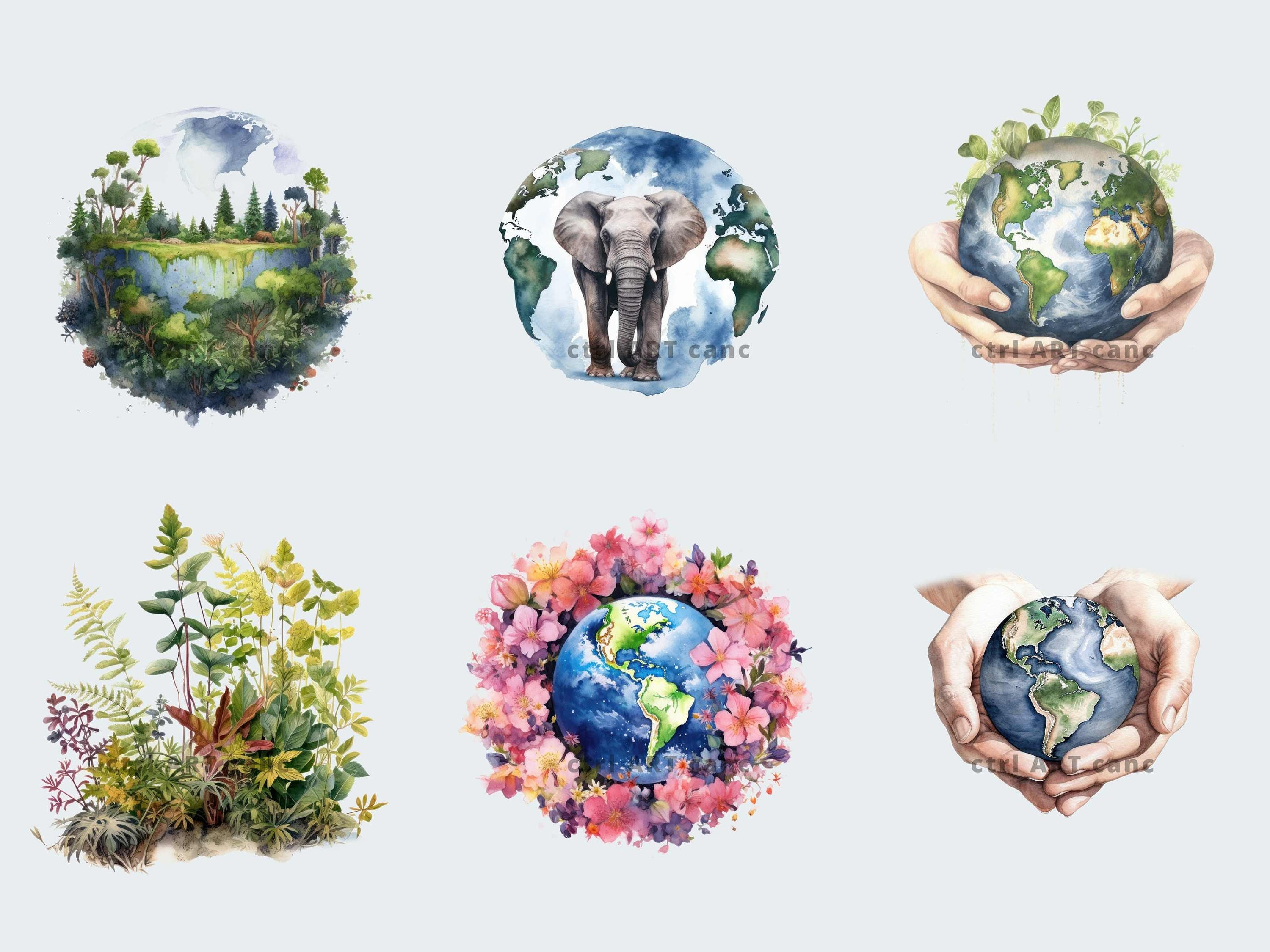 Planet Earth Watercolor Clipart: Sustainability PNG Bundle (digital ...