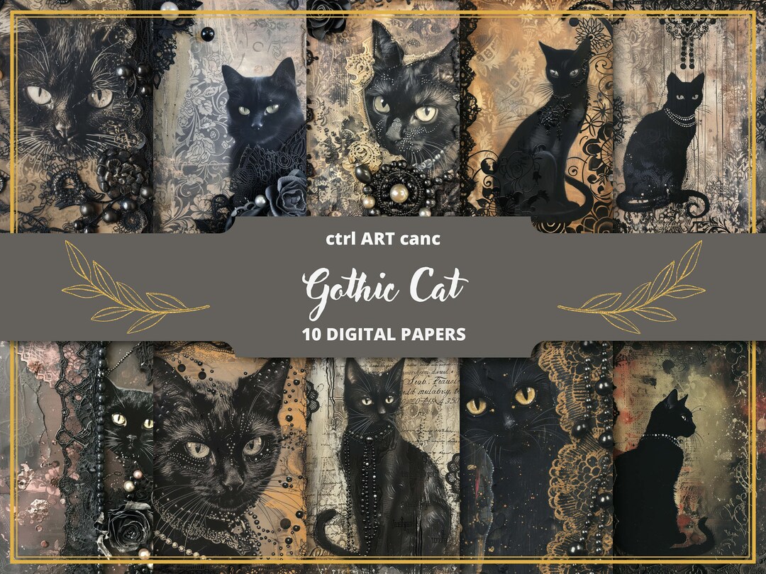 Black Cat Digital Paper for Junk Journal Kit Cat Scrapbook Paper Gothic ...