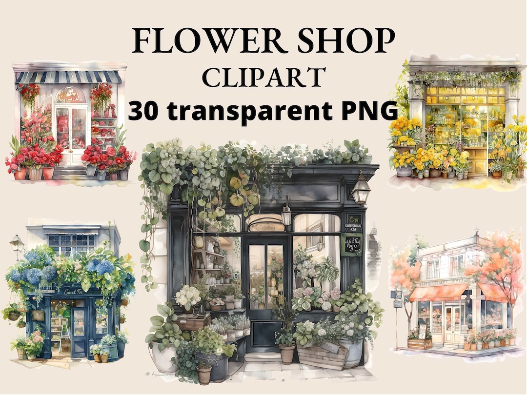30 Little Flower Shop Clip Art, Watercolor, Flower Market, Miniature ...