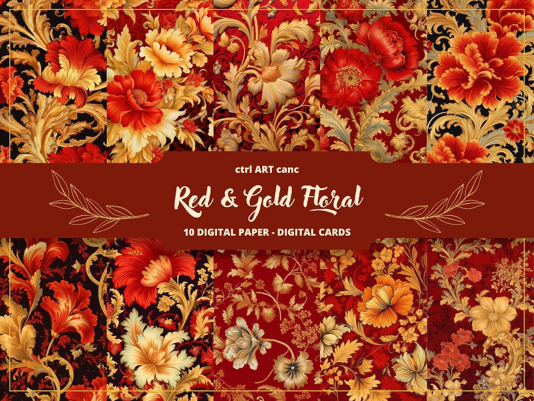 Red & Gold Floral Printable, Red and Gold Paper, Journal Kit, Journal ...