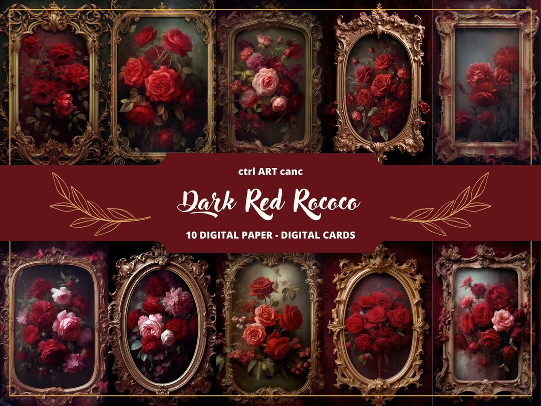 Dark Red Rococo Roses Printable, Dark Rose Printable, Journal Kit ...
