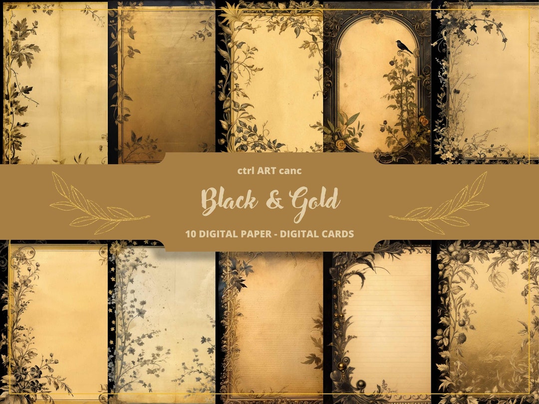 Black and Gold Printable Paper, Vintage Digital Paper, Junk Journal Paper, Ephemera, Shabby ...