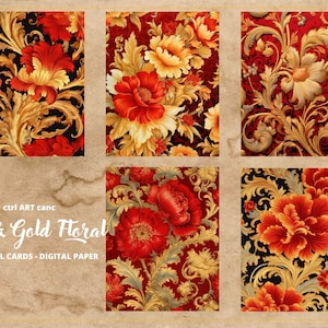Red & Gold Floral Printable, Red and Gold Paper, Journal Kit, Journal ...