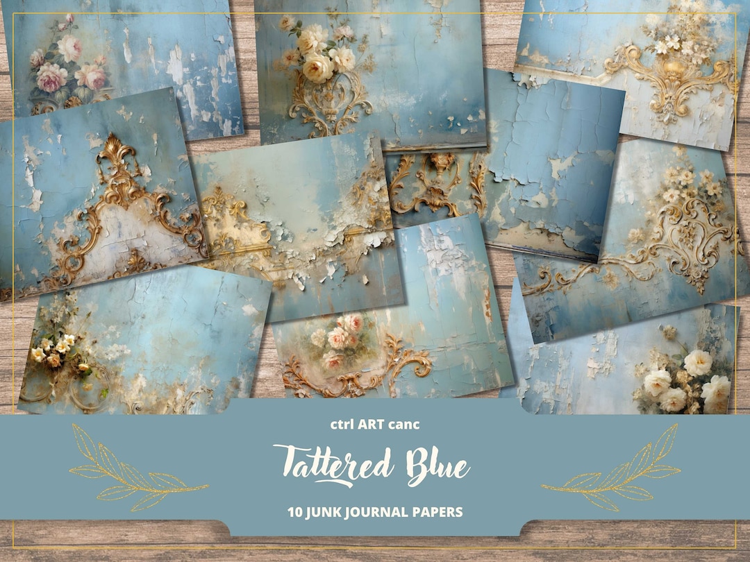 Tattered Blue Digital Paper Blue Journal Paper for Junk Journal ...