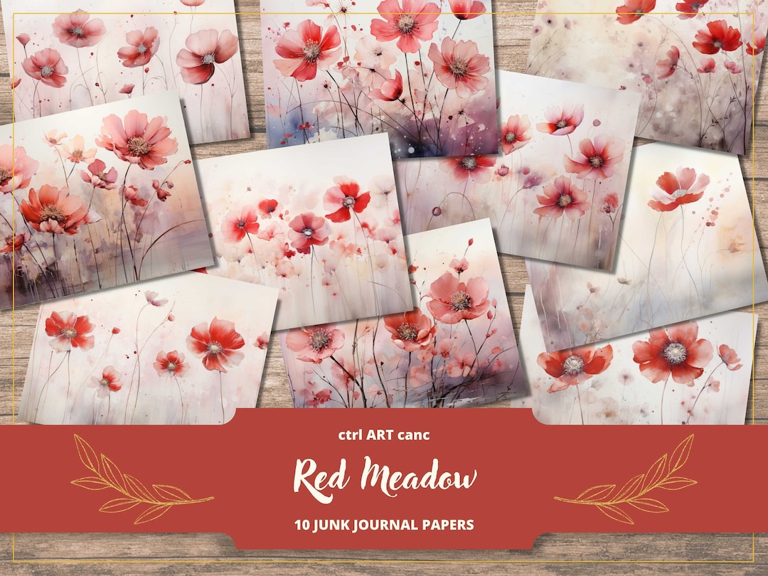 Red Floral Junk Journal Kit Printable Floral Paper Red Paper for ...