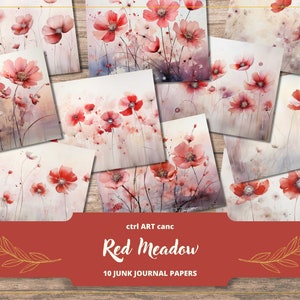 Red Floral Junk Journal Kit Printable Floral Paper Red Paper for ...