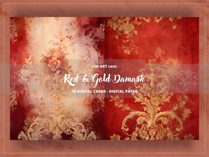 Red and Gold Damask Printable Paper: Tattered Floral Scrapbook (digital ...