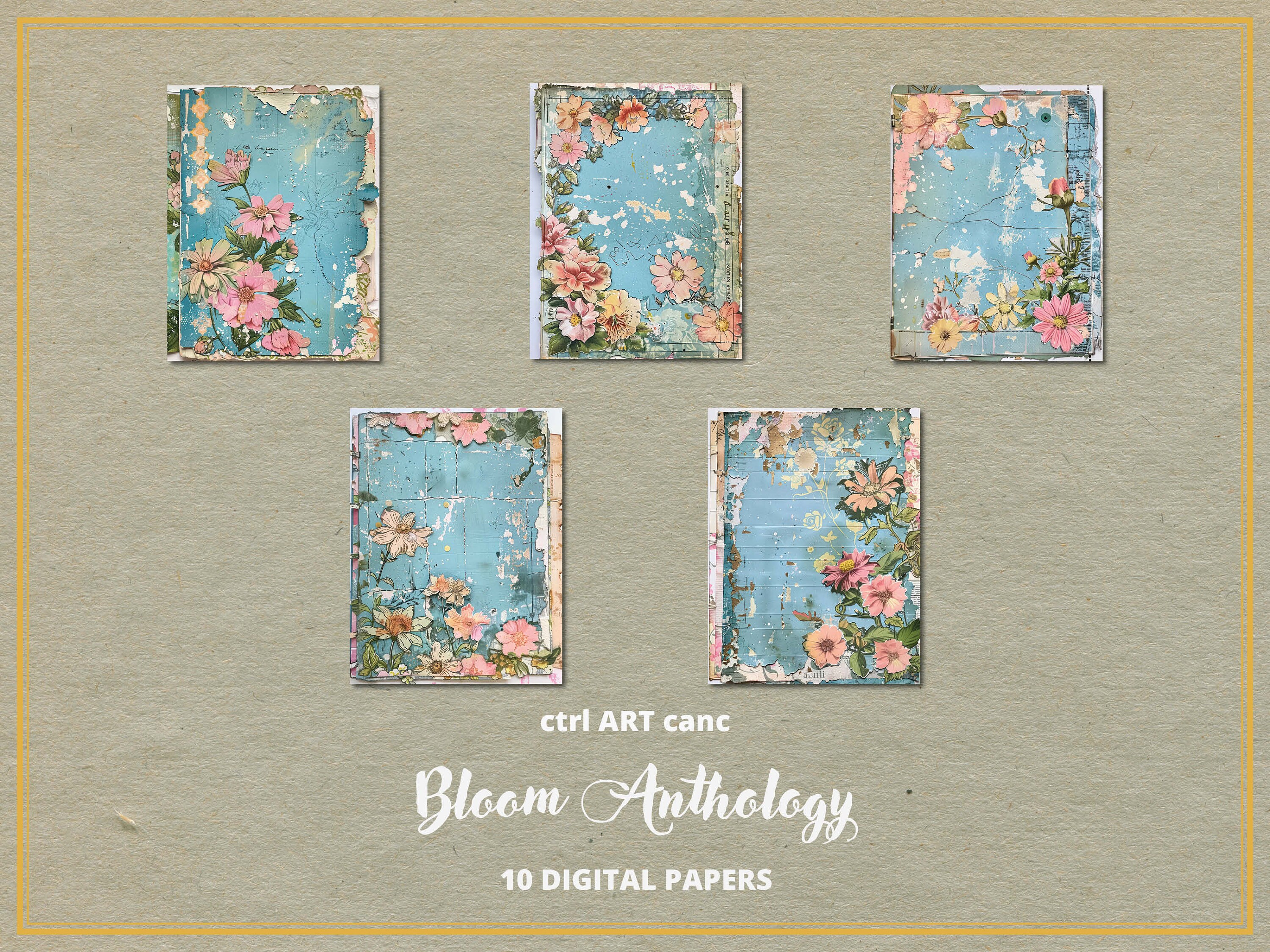 Blue Floral Digital Paper: Junk Journal Scrapbook Kit (printable Paper ...