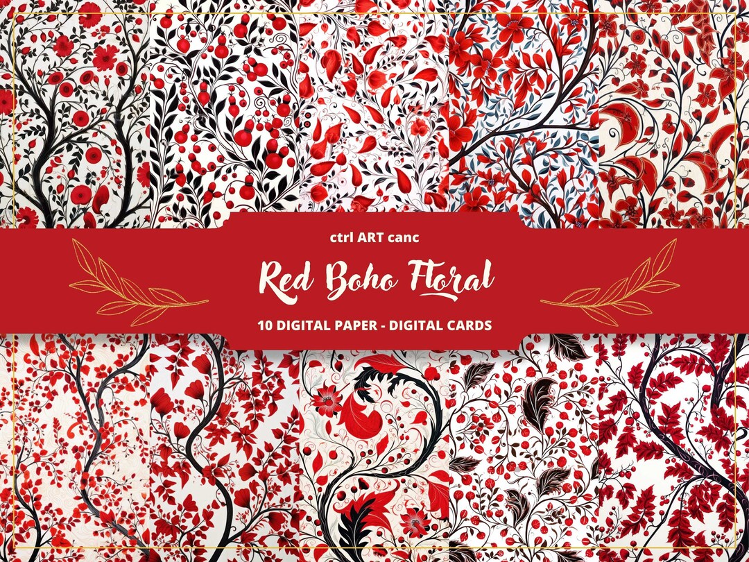 Red Boho Floral Printable, Boho Red Floral Paper, Journal Kit, Journal ...