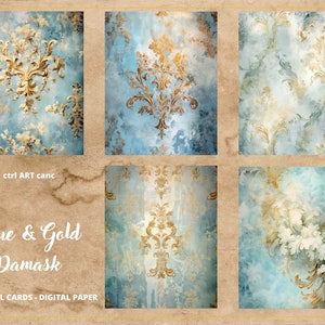 Tattered Blue and Gold Damask Printable, Blue & Gold Paper, Journal Kit ...