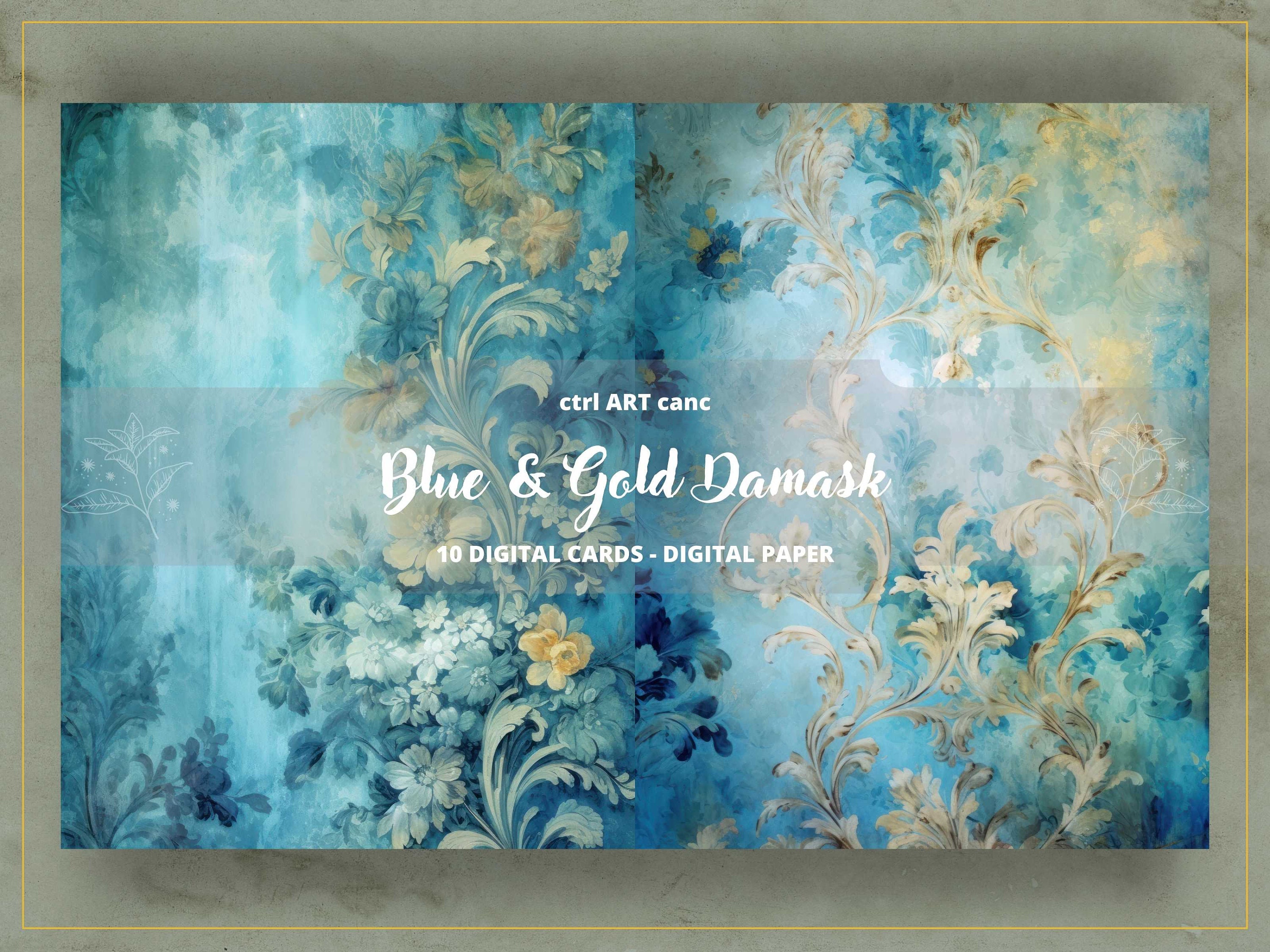 Blue and Gold Damask Printable Paper: Tattered Journal Kit (digital ...