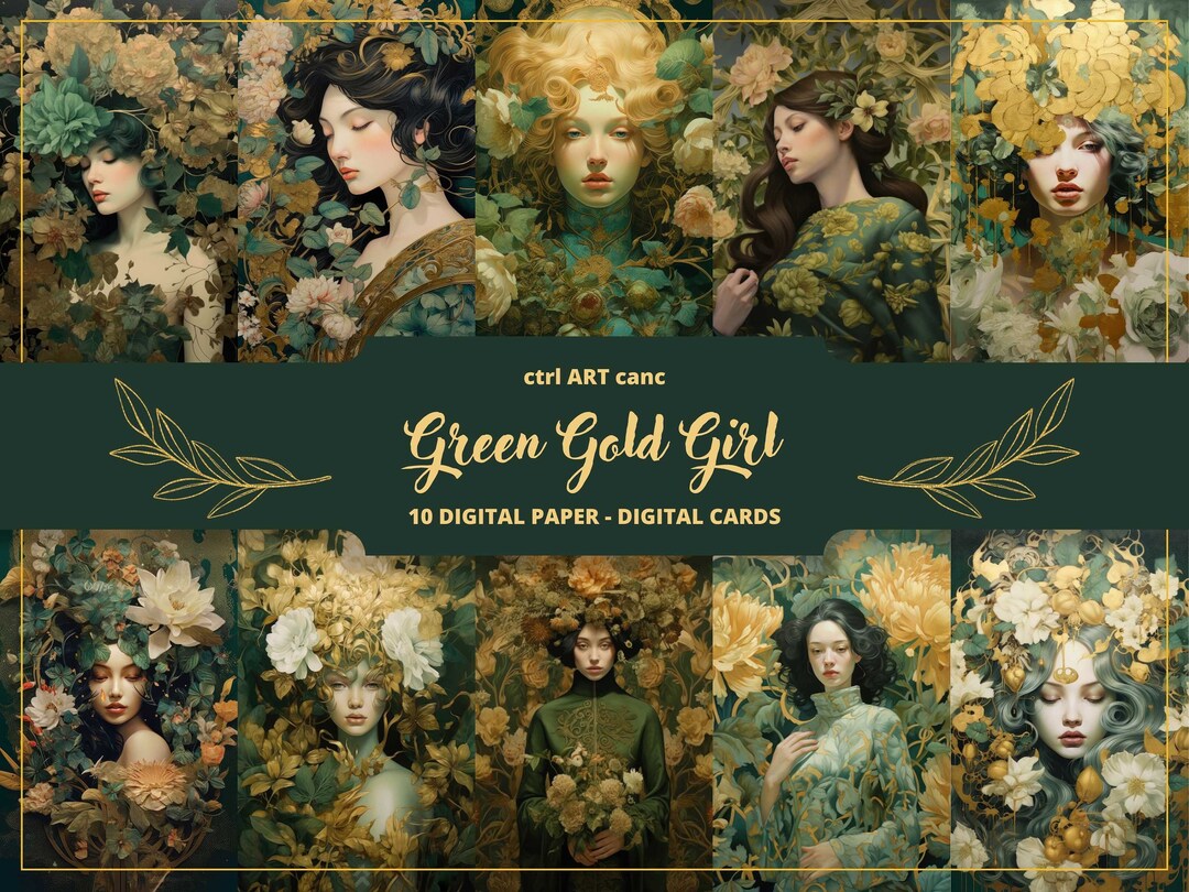 Green & Gold Floral Girl Printable, Green and Gold Paper, Journal Kit ...
