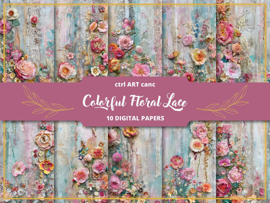 Rainbow Floral Lace Scrapbook Paper: Junk Journal Kit (digital Download ...