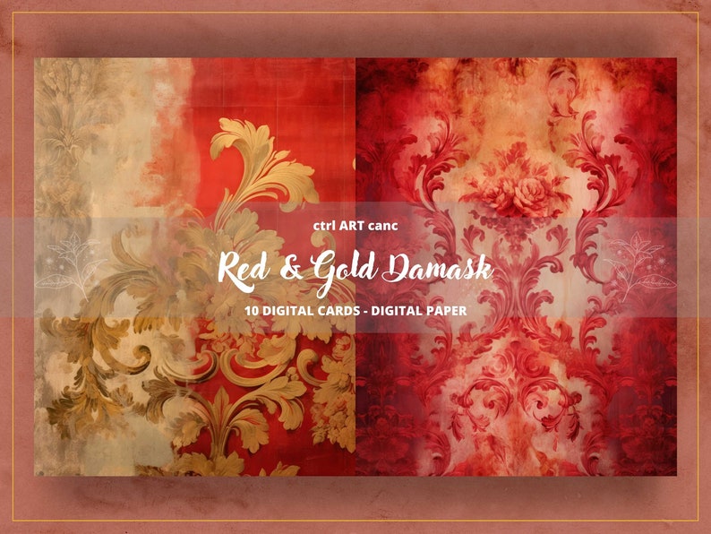 Red and Gold Damask Printable Paper: Tattered Floral Scrapbook (digital ...