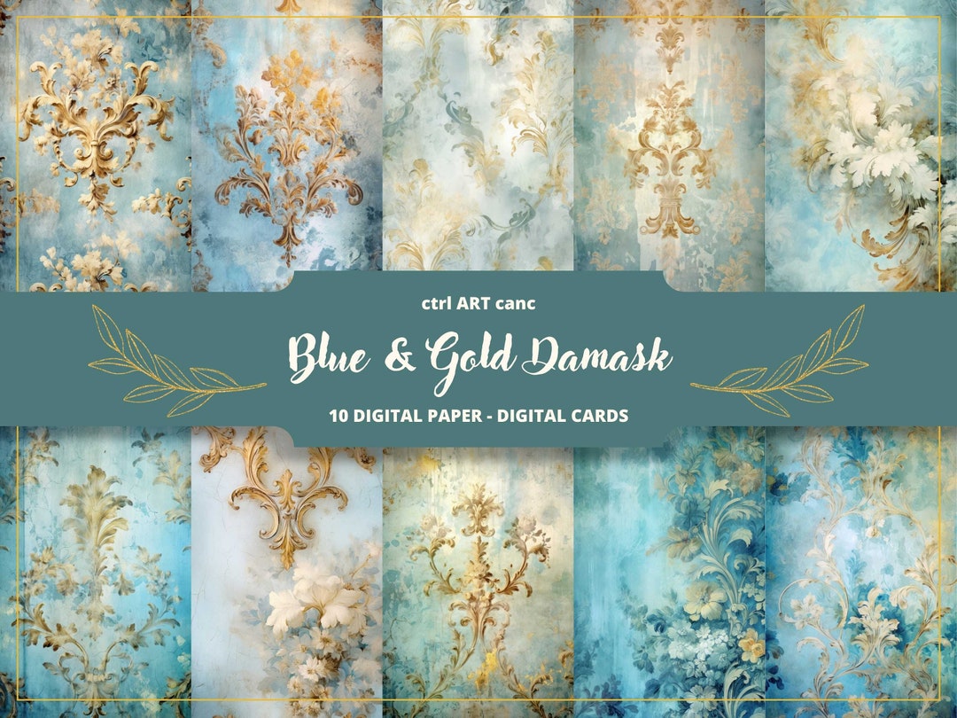 Blue and Gold Damask Printable Paper: Tattered Journal Kit (digital ...