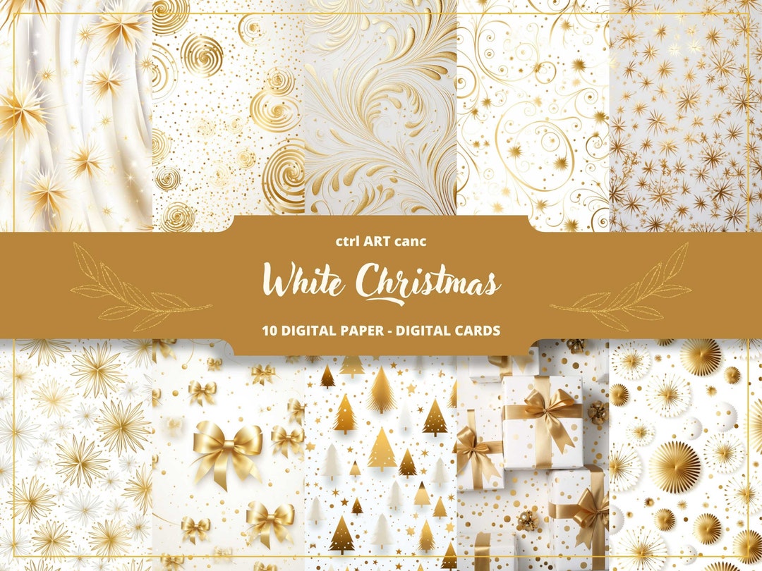 Christmas Digital Paper for Christmas Wrapping Gold Paper White Digital ...