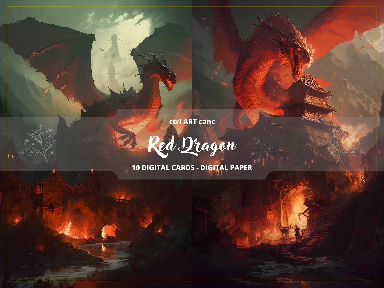 10 Red Dragon Digital Paper Red Dragon Cards Fire Dragon - Etsy