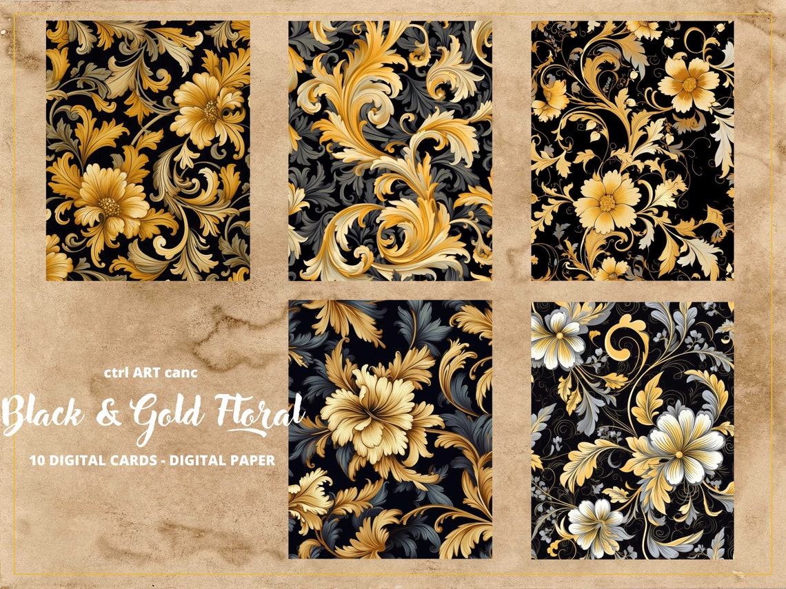 Black & Gold Floral Printable Black and Gold Paper Journal - Etsy