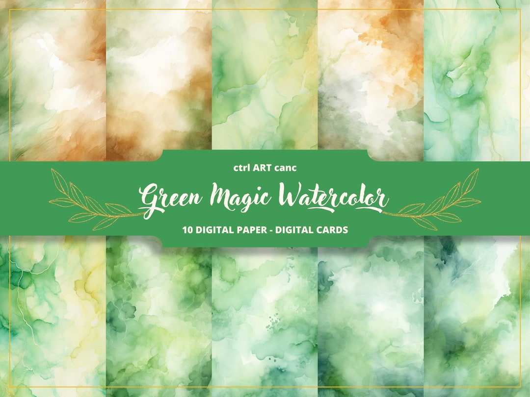 Whimsical Green Watercolor Digital Paper, Green Scrapbook Background ...