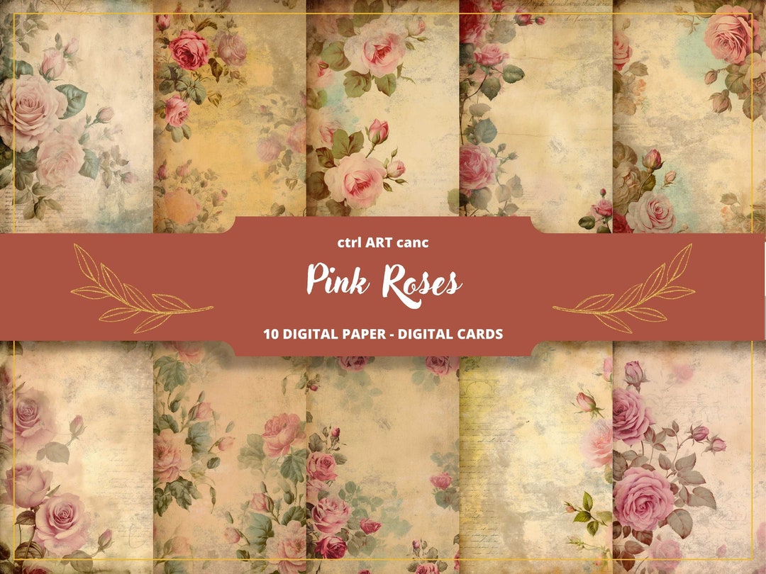 10 Rose Digital Paper, Old Paper, Pink Roses, Roses Digital Paper, Old ...
