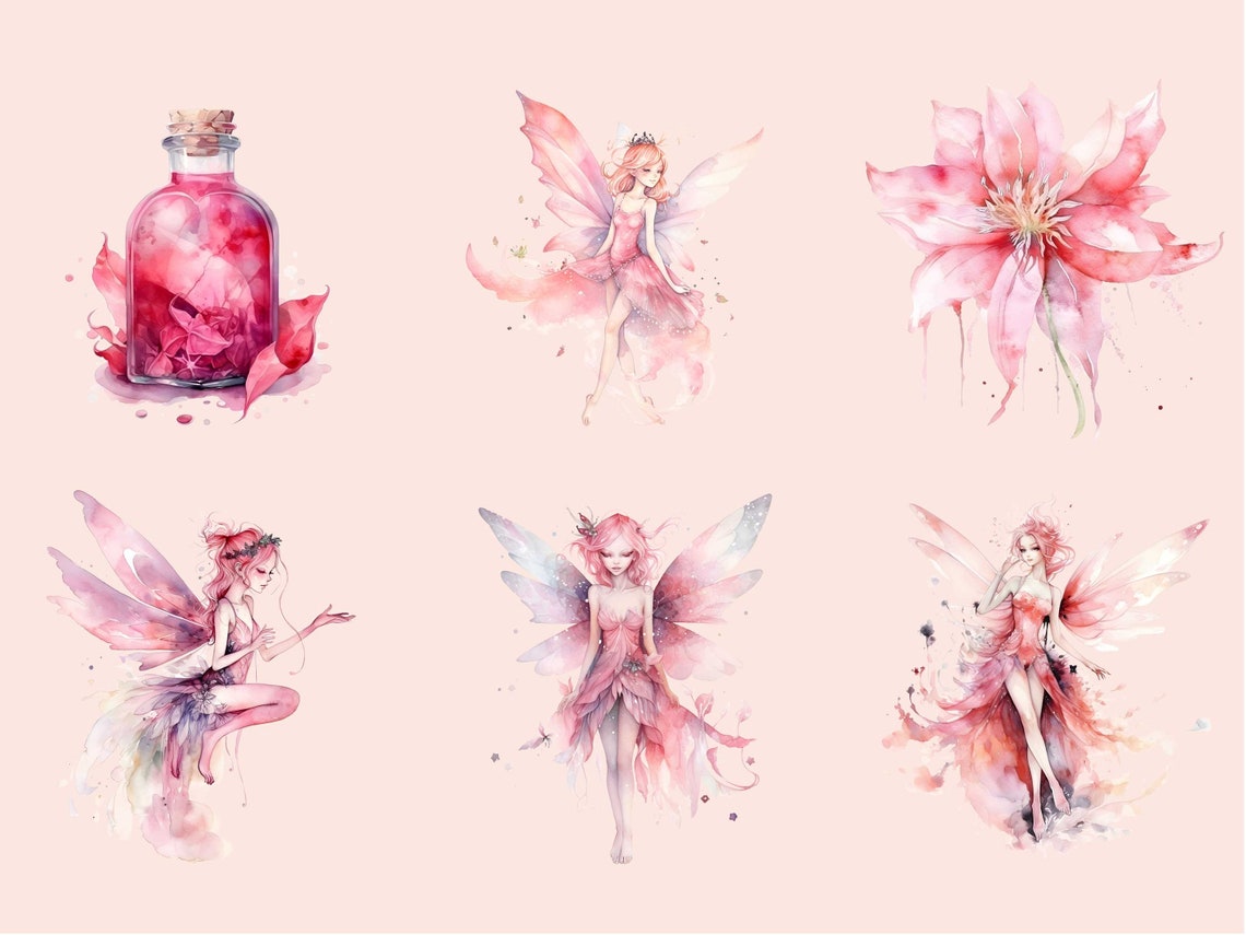 Pink Fairy Watercolor Clipart: Enchanted Forest PNG Bundle (30 Files ...