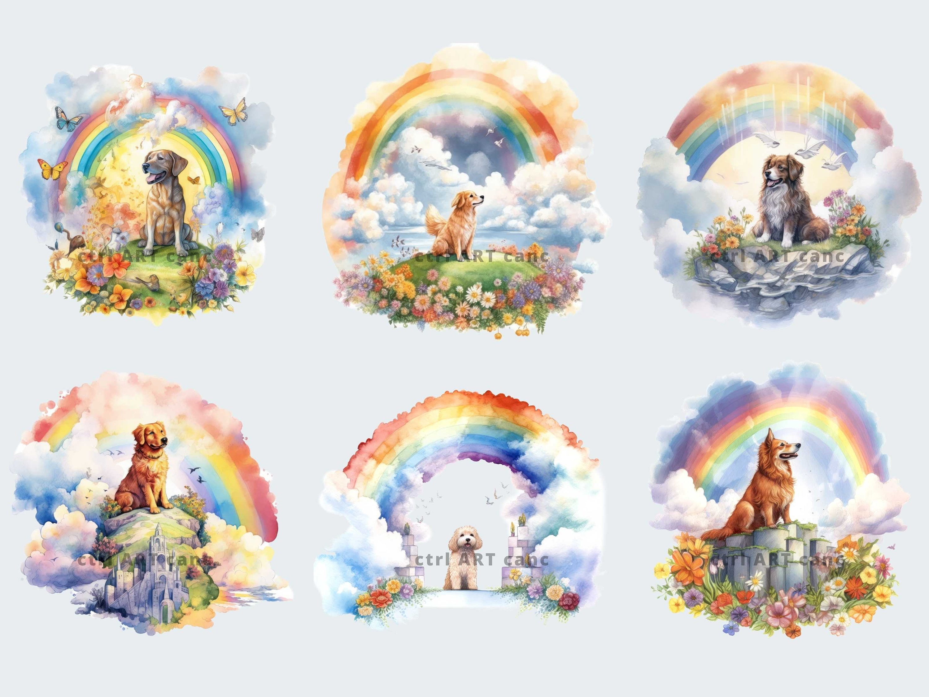Rainbow Bridge Dog Watercolor Clipart: Pet Loss PNG Bundle (digital ...