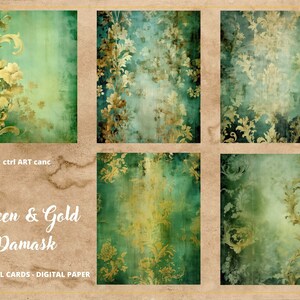 Tattered Green and Gold Damask Printable, Green & Gold Paper, Journal ...