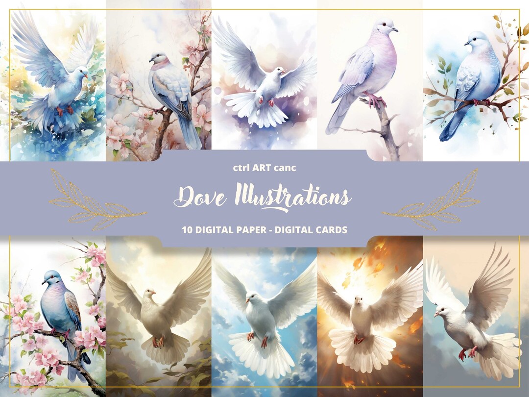 Dove Illustrations Digital Paper, Bird Prints, Bird Decorations, Bird ...