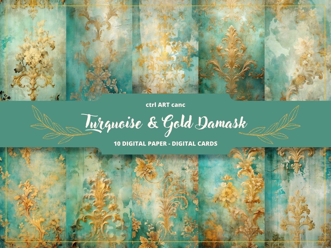 Tattered Turquoise and Gold Damask Printable, Turquoise Paper, Journal ...
