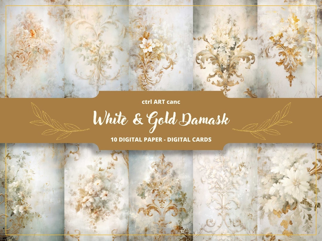 Tattered White and Gold Damask Printable, White & Gold Paper, Journal ...