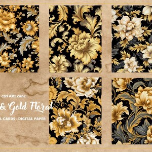 Black & Gold Floral Printable, Black and Gold Paper, Journal Kit ...