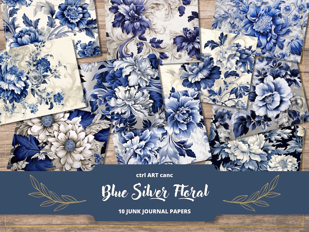 Blue Floral Junk Journal Kit: Printable Scrapbook Paper (digital ...