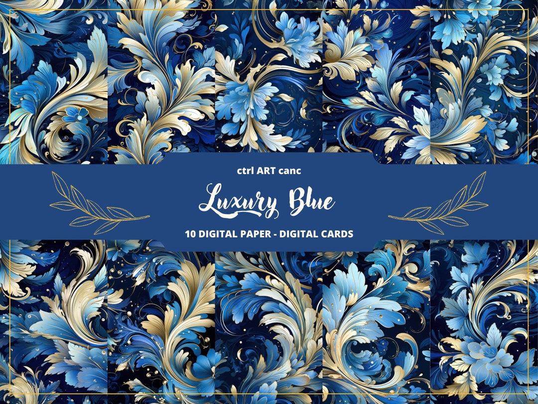 Luxury Blue Digital Paper, Blue Damask Paper, Blue Graphic, Blue ...
