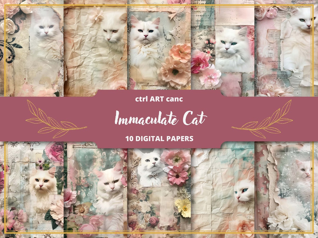 White Cat Digital Paper for Junk Journal Kit Cat Scrapbook Paper Floral ...