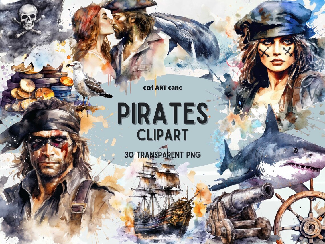 Watercolor Pirate Clipart: PNG Bundle for Party Invitations (digital ...