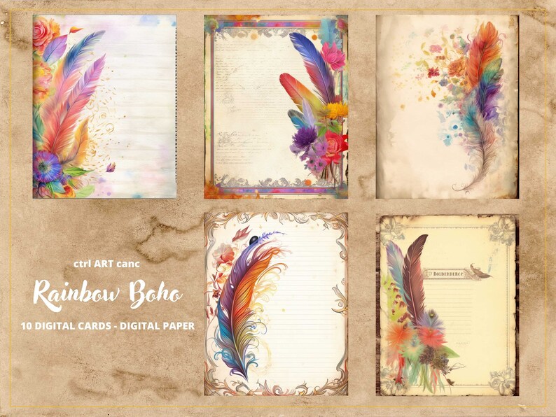Rainbow Boho Printable Boho Digital Paper Feather Digital - Etsy