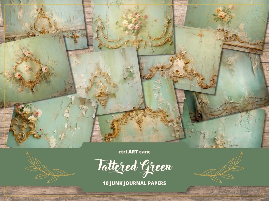 Tattered Green Digital Paper Green Journal Paper for Junk Journal ...