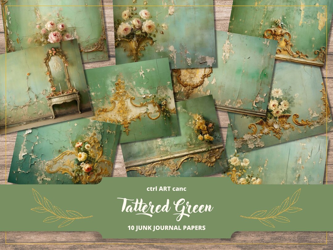 Tattered Green Digital Paper Green Journal Paper for Junk Journal ...
