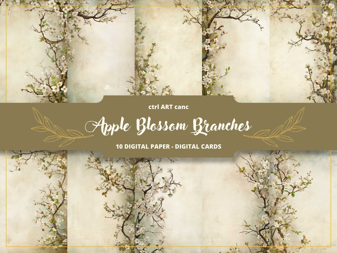 Apple Blossom Branches Digital Paper: Floral Scrapbook Ephemera ...