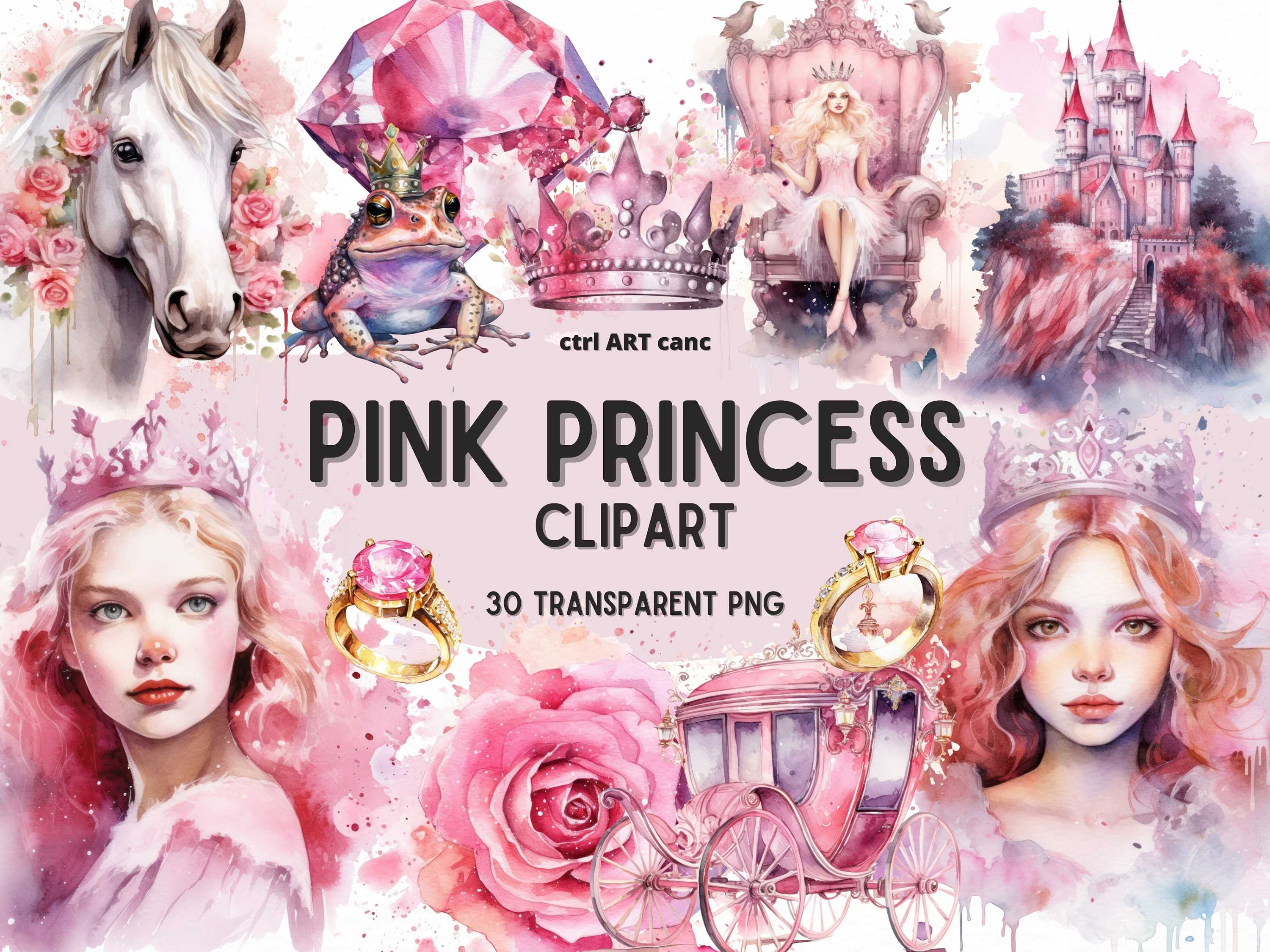 Pink Princess Clipart Princess Party Invitation Watercolor - Etsy