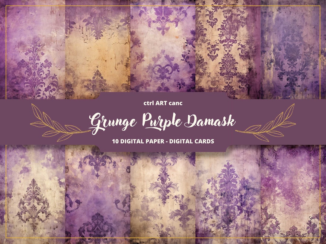Dark Purple Damask Digital Paper, Grunge Damask, Junk Journal Page ...