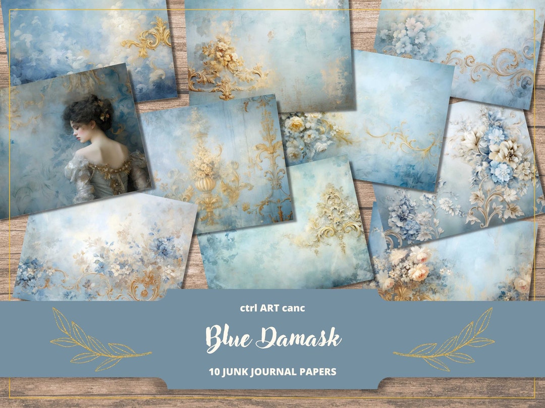 Blue Journal Paper Junk Journal Paper Blue Damask Printable Paper for ...