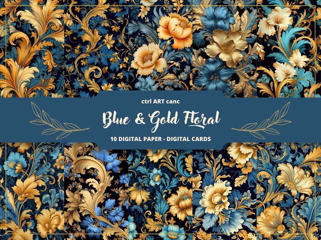 Blue & Gold Floral Printable, Blue and Gold Paper, Journal Kit, Journal ...