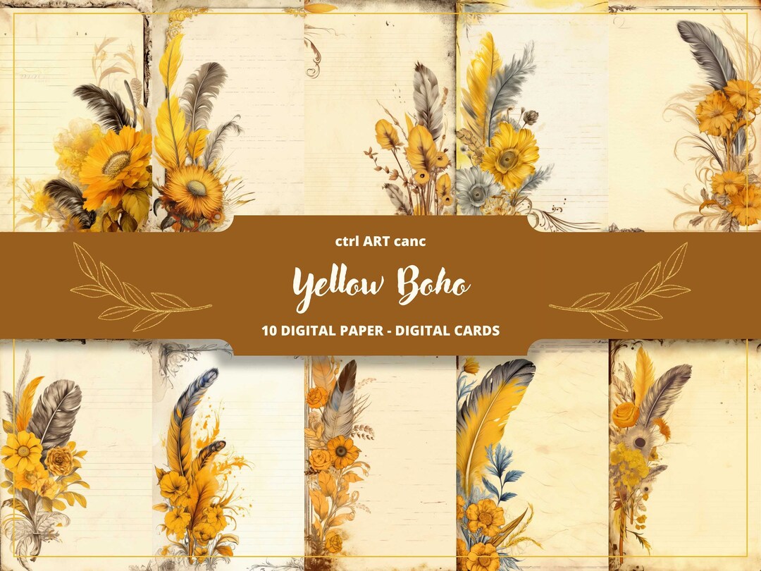 Yellow Boho Printable, Boho Digital Paper, Feather Digital Paper ...